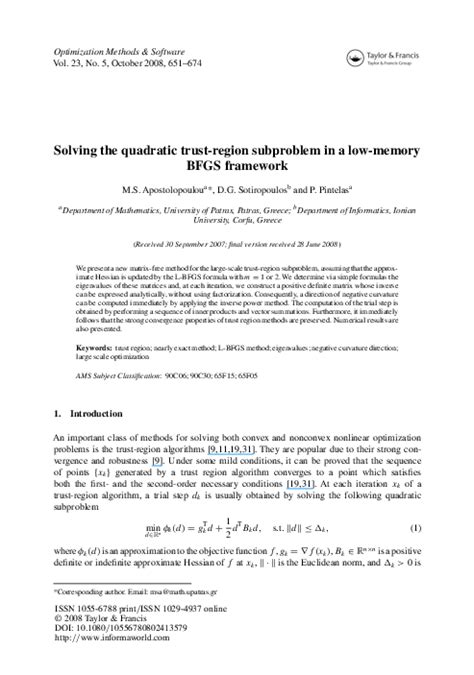 Pdf Solving The Quadratic Trust Region Subproblem In A Low Memory
