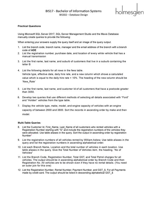 SQL Review Questions - BIS17 - Bachelor of Information Systems BIS302 – Database Design ...