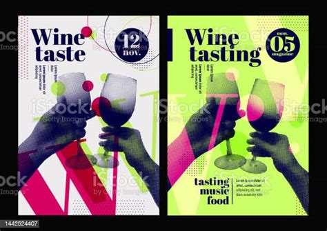 와인 잔을 들고 건배 복고풍 스타일 하프 톤 효과 이벤트 포스터 잡지 표지 또는 프로모션을 위한 템플릿입니다 포도주 시음에 대한 스톡 벡터 아트 및 기타 이미지 Istock