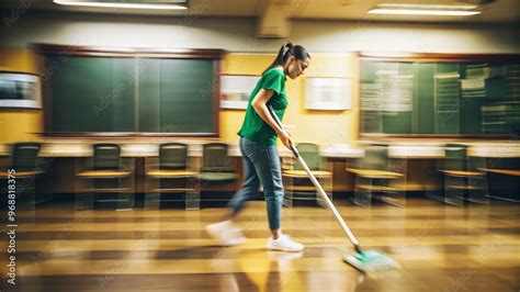 School Custodian Ensuring Cleanliness In Classroom Environment For