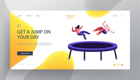 트램폴린 웹 사이트 랜딩 페이지 피트니스 센터 스튜디오 매력 레저 스포츠 곡예 훈련 엔터테인먼트 데이트 웹 페이지 만화 플랫 벡터 일러스트레이션 배너에 점프 하는 행복한