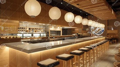 Modern Japanese Sushi Bar Interior With Lanterns Nighttime Dining