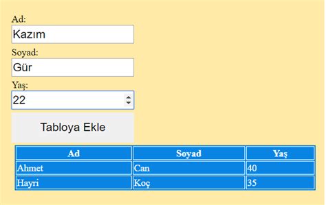 javascript tablo oluşturma ve veri ekleme tasarım kodlama