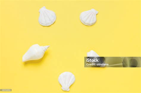 다른 모양 나선형 플랫 화이트 바다 조개 모래 노란색 바탕에 둥근 프레임에 배치 여름 비치 휴가 스파 웰빙 포스터 스 트리머 판매 배너 파티 초대장 서식 파일 0명에 대한