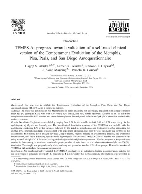 Pdf Temps A Progress Towards Validation Of A Self Rated Clinical Version Of The Temperament