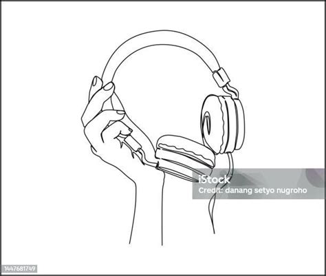 헤드폰을 들고 있는 손의 연속 한 줄 그리기 손은 이어폰 라인 아트 벡터 디자인을 잡고 있습니다 음악과 라이프 스타일 개념입니다 개념에 대한 스톡 벡터 아트 및 기타 이미지