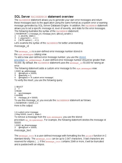 Sql Server Statement Overview Raiseerror Pdf Microsoft Sql Server Databases