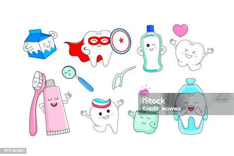 구강 세척제 칫솔 치약 치실 및 치과 치료 장비가있는 귀여운 만화 치아 캐릭터 건강관리와 의술에 대한 스톡 벡터 아트 및 기타