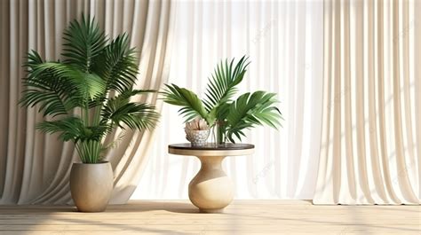 열대 야자꽃으로 보완된 커튼과 테이블이 있는 제품 쇼케이스 3d 렌더링 인테리어 일러스트레이션 플랫폼 배경 제품 쇼케이스 최소한의 장면 배경 일러스트 및 사진 무료