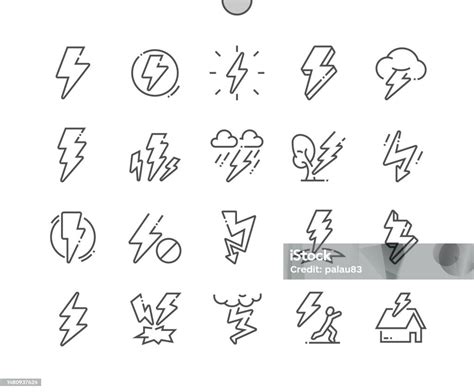 번개 플래시 천둥 번개 표시의 줄무늬입니다 전기 픽셀 완벽한 벡터 얇은 선 아이콘입니다 간단한 최소 픽토그램 개념에 대한 스톡
