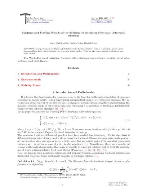 PDF Existence And Stability Results Of The Solution For Nonlinear Fractional Differential Problem