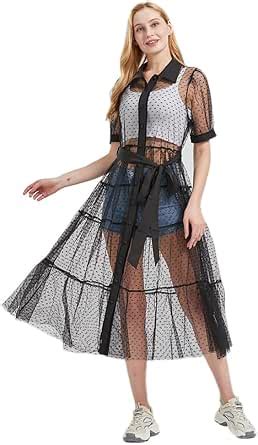 Wodaji Women Sheer Mesh Button Down Shirt Dress With Waist Belt Summer