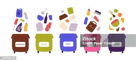 다른 쓰레기통 재활용 세트용 용기 쓰레기 분류 쓰레기 분리 쓰레기 분리 개념 플라스틱 유리 유기 폐기물을 위한 쓰레기통 흰색에 평평한 고립 된 벡터 그림 0명에 대한 스톡