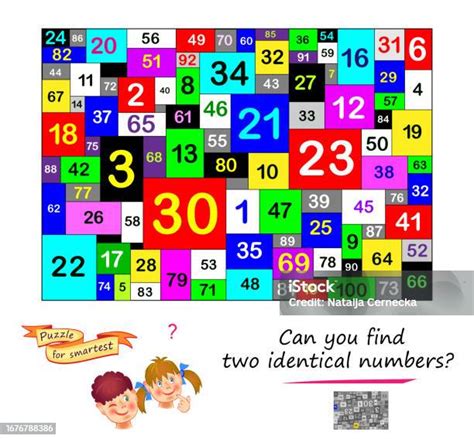 어린이와 성인을 위한 논리 퍼즐 두 개의 동일한 숫자를 찾을 수 있습니까 아이들 수수께끼 책을위한 페이지입니다 세심함을위한 작업 Iq 테스트 온라인 플레이 벡터 만화