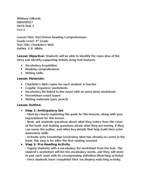 D670 Task 1 Lesson Plan For Reading Comprehension 4th Grade Studocu