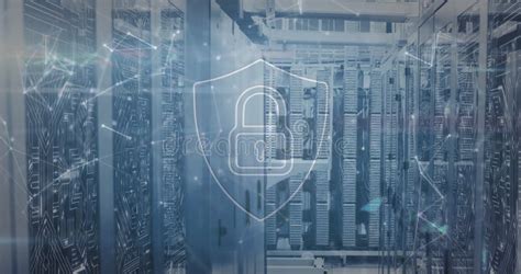 Image Of Padlock And Shield Icon With Connected Dots Over Data Server