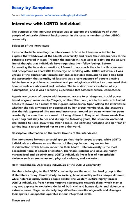Interview With LGBTQ Individual Free Essay Sample On Samploon Com