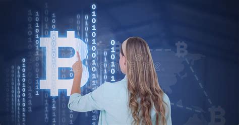 composition of woman touching virtual screen with bitcoin symbol and