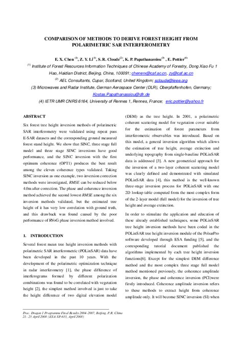 Pdf Comparison Of Methods To Derive Forest Height From Polarimetric Sar Interferometry