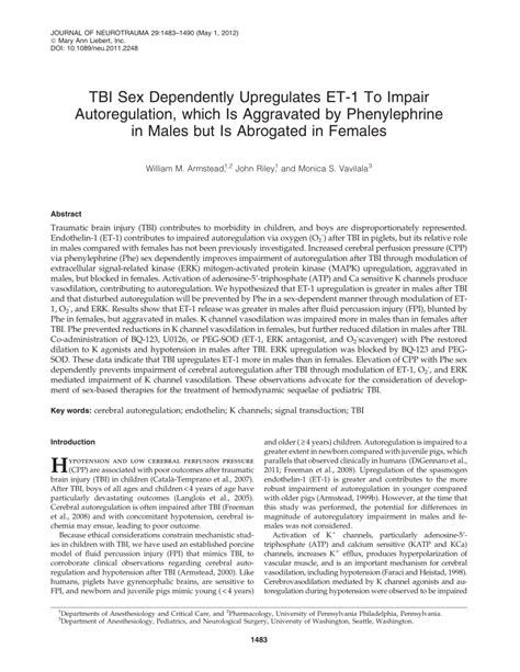 Pdf Tbi Sex Dependently Upregulates Et 1 To Impair Autoregulation