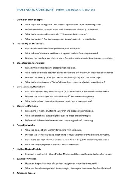 Pattern Recognition Key Concepts And Questions Pdf Support Vector