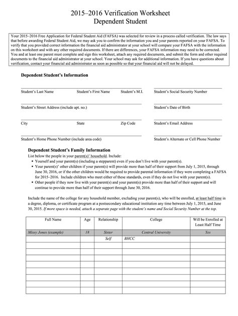 Form FAFSA Verification Worksheet Dependent Babe Fill Online Printable Fillable