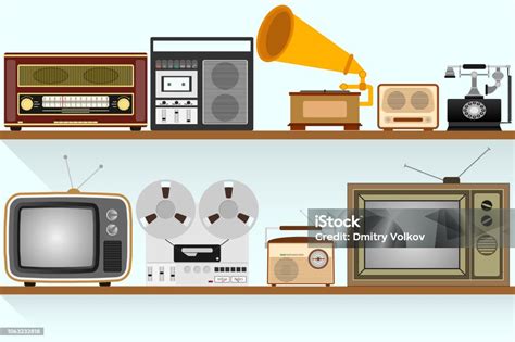 레트로 가전 제품 빈티지 기계 설정입니다 레트로 기기 선반에 있습니다 평면 디자인 일러스트 레이 션 벡터 벡터 가사 집안일에 대한 스톡 벡터 아트 및 기타 이미지 Istock