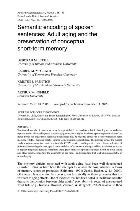 Pdf Semantic Encoding Of Spoken Sentences Adult Aging And The Preservation Of Conceptual