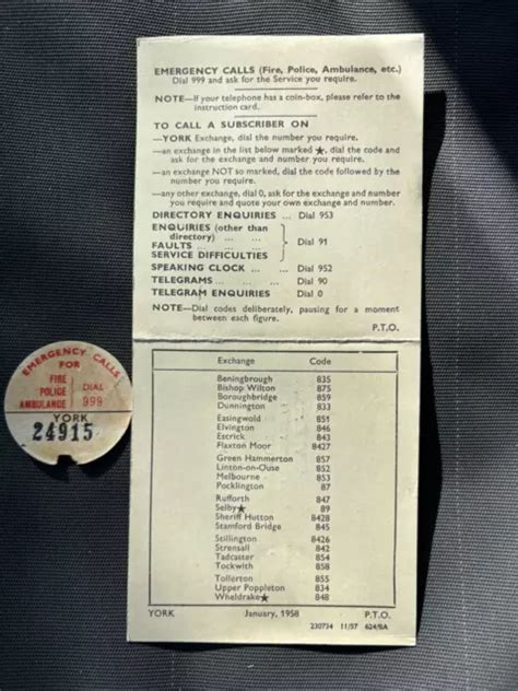 Original Gpo Telephone Draw Dialling Code Dial Label For York January 1958 £11 00 Picclick Uk