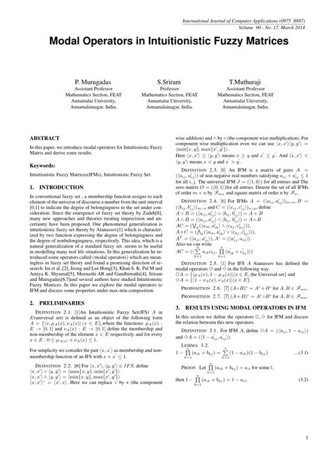 Pdf Modal Operators In Intuitionistic Fuzzy Matrices