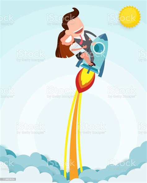 사업가와 여성은 클라우드 비즈니스 시작 개념을 통해 로켓과 연기를 타고 벡터 일러스트입니다 평면 디자인입니다 날기에 대한 스톡