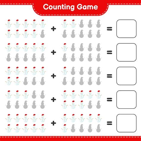 게임을 세고 눈사람의 수를 세고 결과를 씁니다 교육용 어린이 게임 인쇄 가능한 워크 시트 프리미엄 벡터