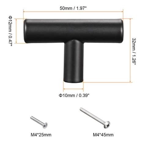 2 50mm Long 12mm Dia Stainless Steel Single Hole T Bar Pull Handle Black 5pcs Bed Bath