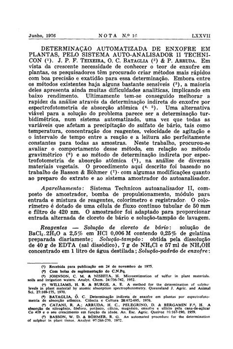 Pdf Automated Determination Of Sulphur In Plants By The Technicon Autoanalyzer Ii System