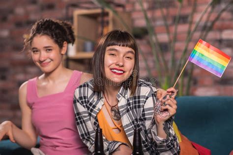 In Front Of The Camera In Living Room Happy In Love Lesbian Couple