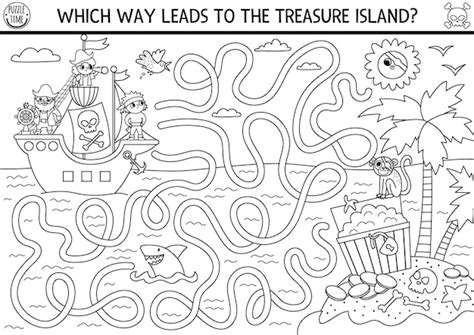 해양 경관 선박 보물섬을 가진 아이들을 위한 해적 흑백 미로 가슴 동전 상어 바다 모험 색칠 Labyrinthxa와 유치원 인쇄