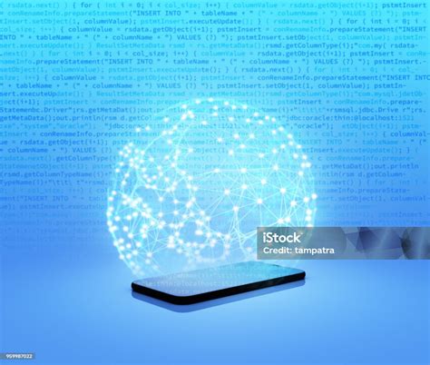 기술 개념에 홀로그램 행성 지구와 컴퓨터 데이터 코드와 미래의 휴대 전화 3 차원 일러스트 레이 션 암호화폐에 대한 스톡 사진