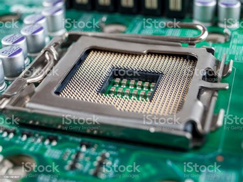 Cpu Connector On The Circuit Motherboard With Pressure Contacts For Connecting A Silicon