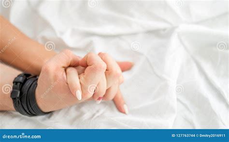 Sensual Beautiful Young Couple Is Having Sex On Bed Female Hand
