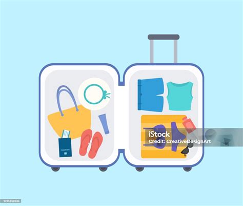 옷 수영복 수건 선글라스 여권이 있는 열린 여행 가방의 높은 각도 보기 여름 방학 개념 여행 가방에 대한 스톡 벡터 아트 및