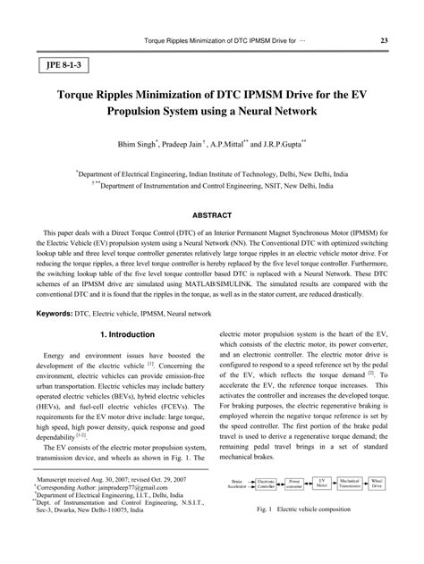 Pdf Torque Ripples Minimization Of Dtc Ipmsm Drive For Ev Propulsion System Using Neural Network
