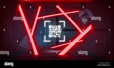 Image Of Neon Qr Code With Lines Over Data Processing And Scope Scanning On Black Background