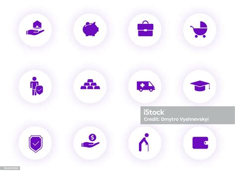 보라색 그림자가있는 가벼운 둥근 버튼에 보험 보라색 색상 벡터 아이콘 웹 모바일 앱 Ui 디자인 및 인쇄를 위한 보험 아이콘 설정 0명에 대한 스톡 벡터 아트 및 기타