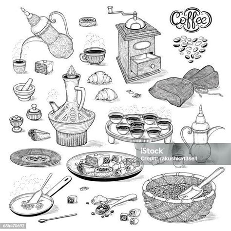 벡터 스케치 세트 그리기 아랍 컵과 커피 포트 빈티지 커피 분쇄기 동양 과자 구운 커피 콩 에티오피아 커피 의식의 일러스트 흑백