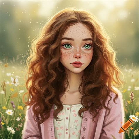 Illustrated Young Girl With Red Hair Green Eyes Freckles And Glasses