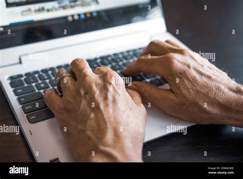 Mature White Male Uses Modern Touch Screen Laptop Computer Stock Photo Alamy