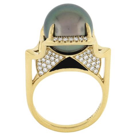 Angie Marie K Gold Mm Tahitian Pearl Diamond Black Enamel Isis Goddess Ring For Sale At Stdibs