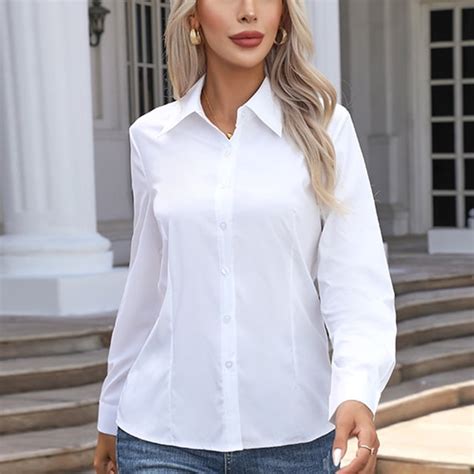 Blmnix White Fashion Tops For Women Work Button Down Long Sleeve V Neck