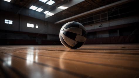 배구 공은 체육관 한가운데에 앉아 새로운 체육관 바닥에 있는 새로운 배구 고화질 사진 사진 스포츠 장비 배경 일러스트 및