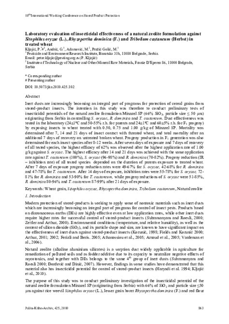 Pdf Laboratory Evaluation Of Insecticidal Effectiveness Of A Natural Zeolite Formulation